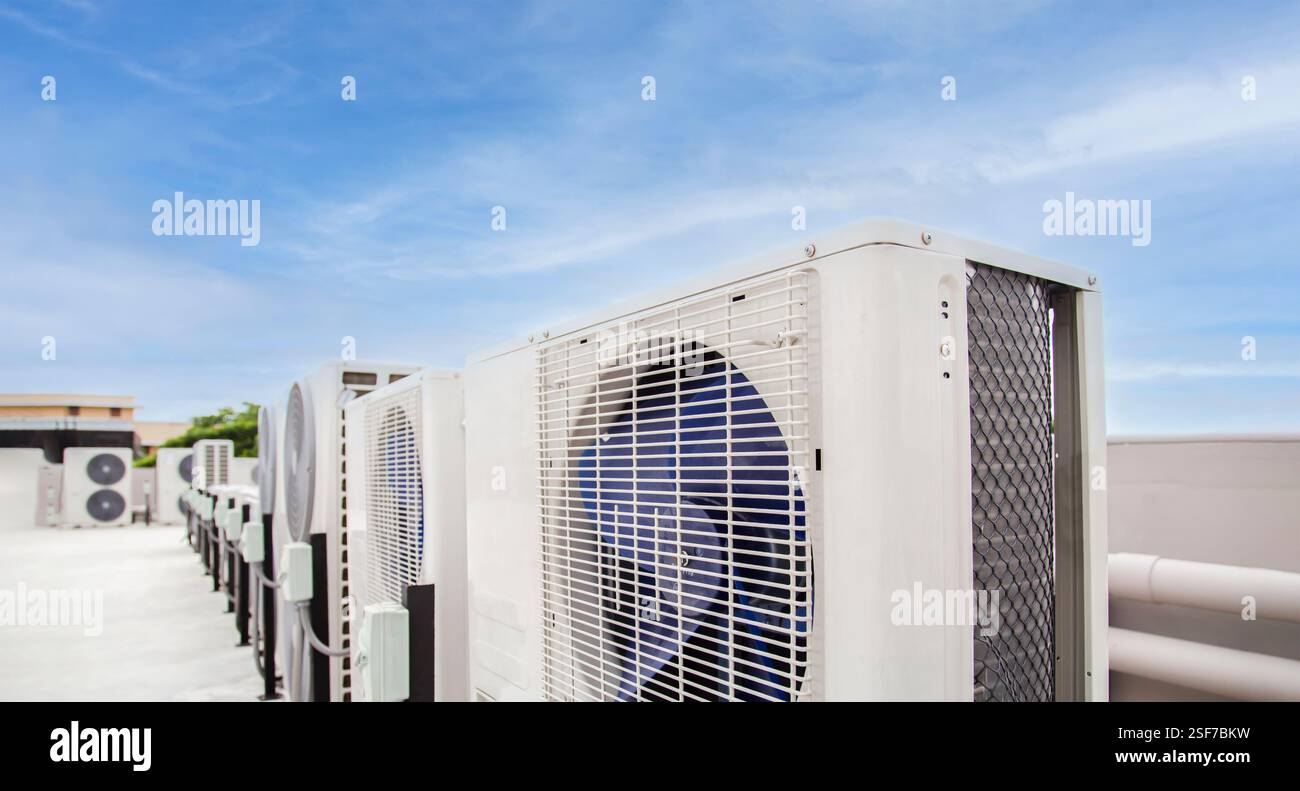 Air conditioning (HVAC) installed on the roof of industrial buildings ...