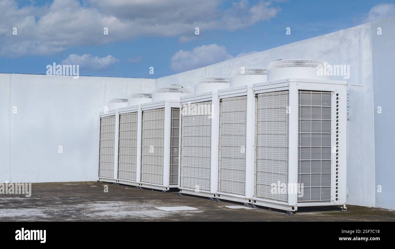 Air conditioning (HVAC) installed on the roof of industrial buildings ...