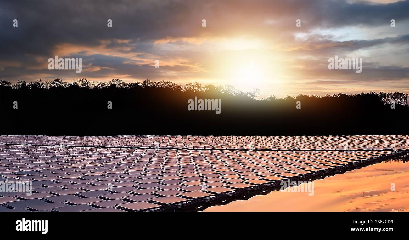 Solar floating on water, clean energy, contrasting with the sky, sun ...