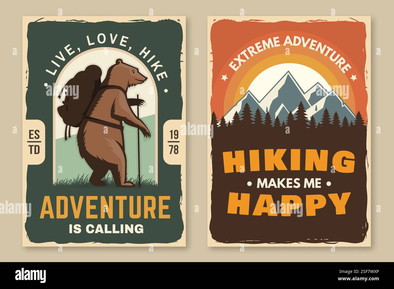 Set of hiking outdoor adventure flyer, poster, banner with hiker bear ...