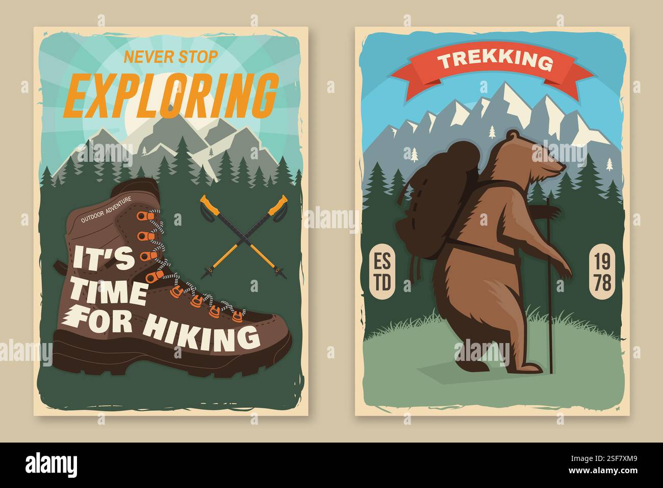 Set of hiking outdoor adventure flyer, poster, banner with hiker bear ...
