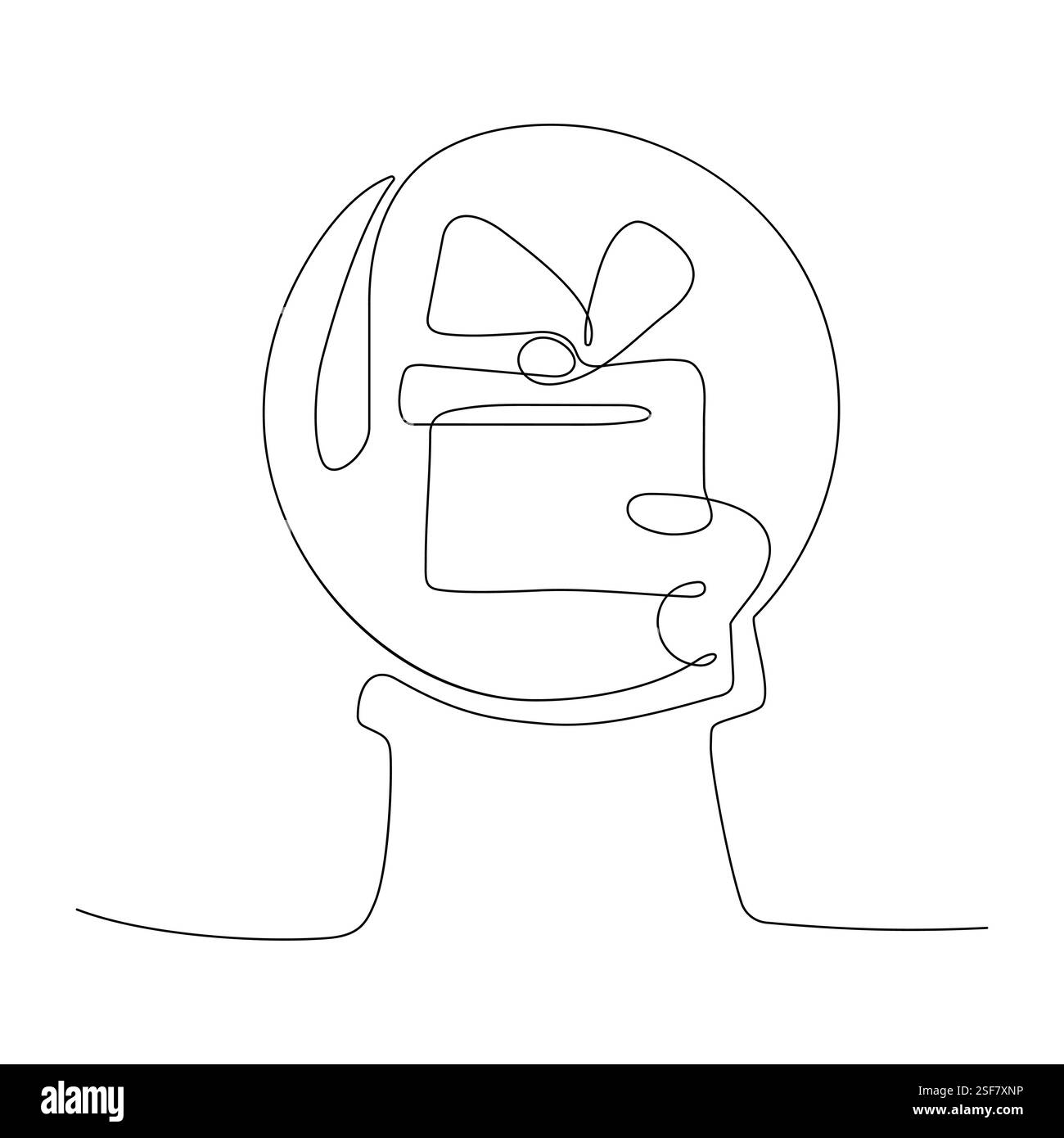 Simplistic line art depicting a gift inside a circular frame with ...