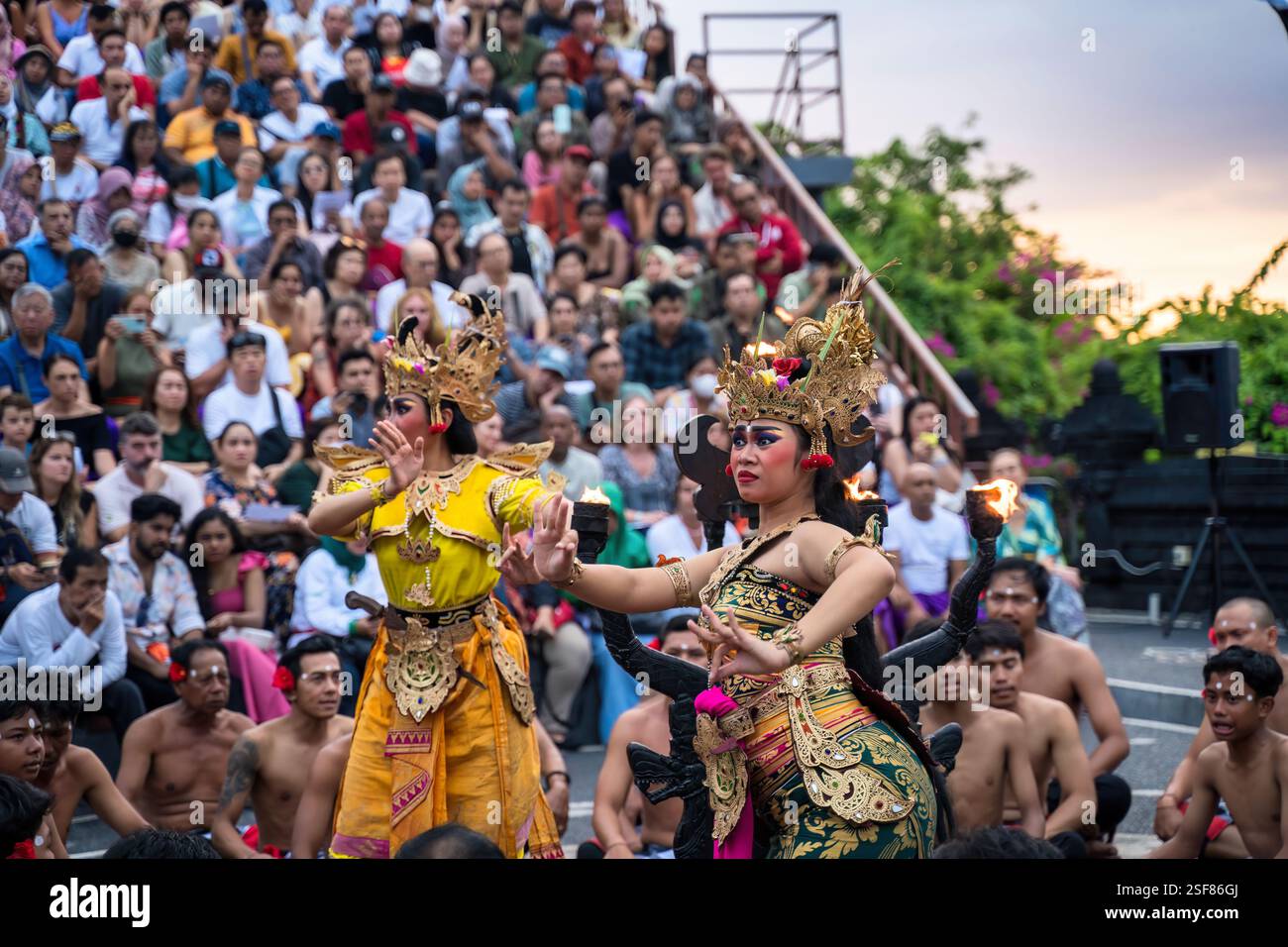 Bali, Indonesia - November 29, 2023: Two dancers in yellow and green ...