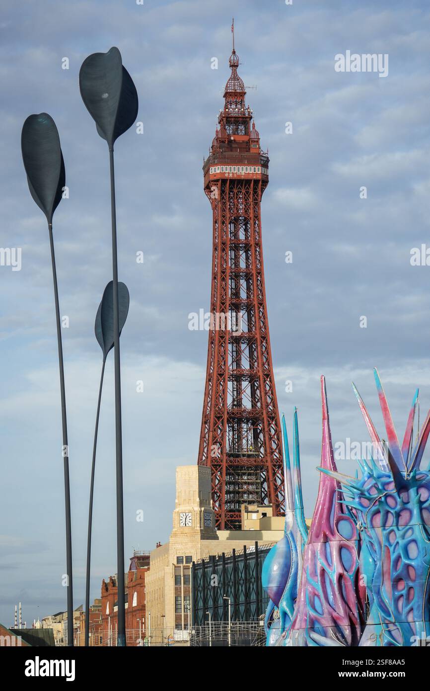 Blackpool tower and tower ballroom building on the seafront promenade ...