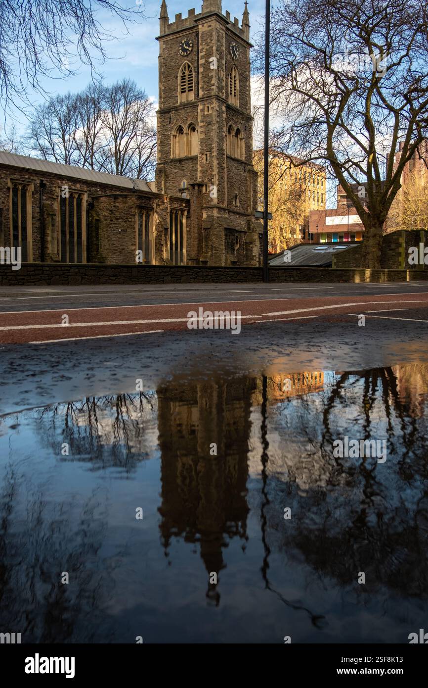 Central Church, Bristol reflecting in a puddle of water Stock Photo - Alamy