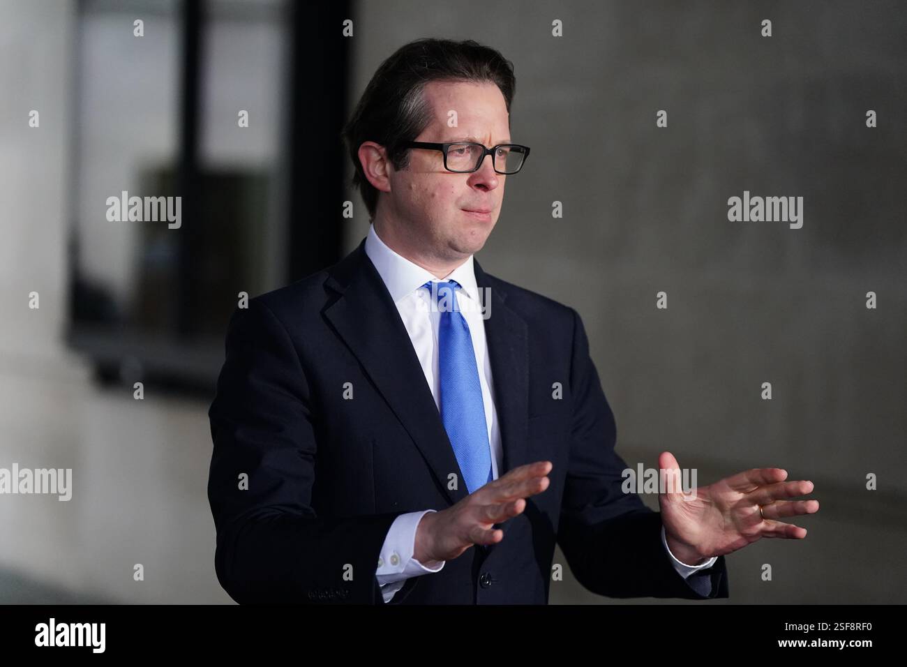 Shadow chancellor of the Duchy of Lancaster Alex Burghart doing a media ...