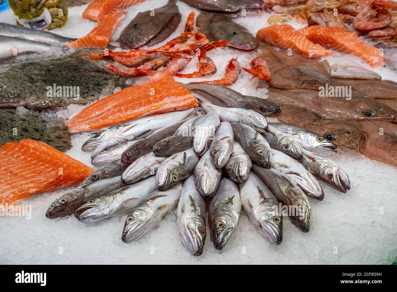 Fresh fish and seafood for sale at a market in Barcelona, Spain Stock ...