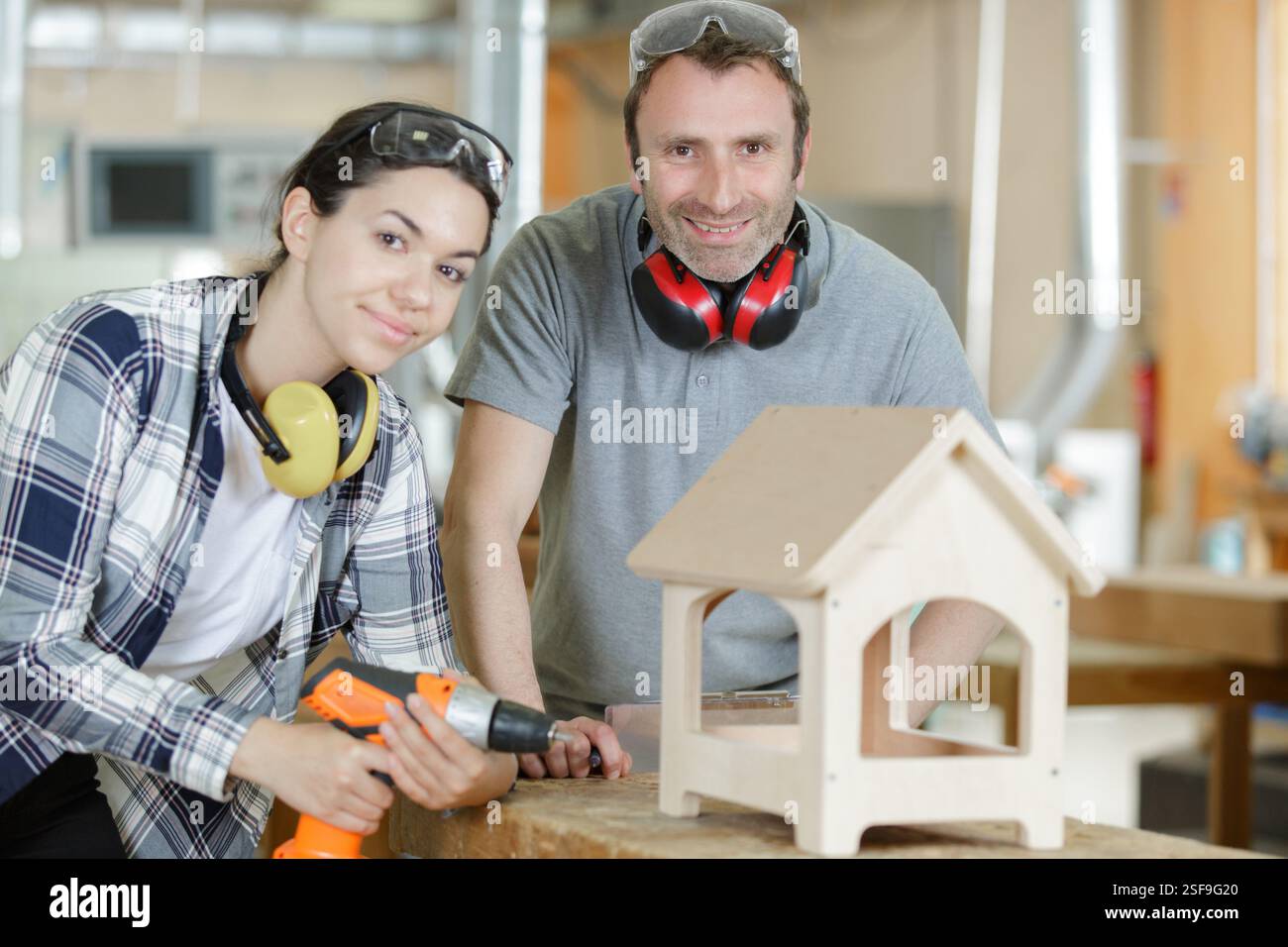 female apprentice carpenter making a wooden bird house Stock Photo - Alamy