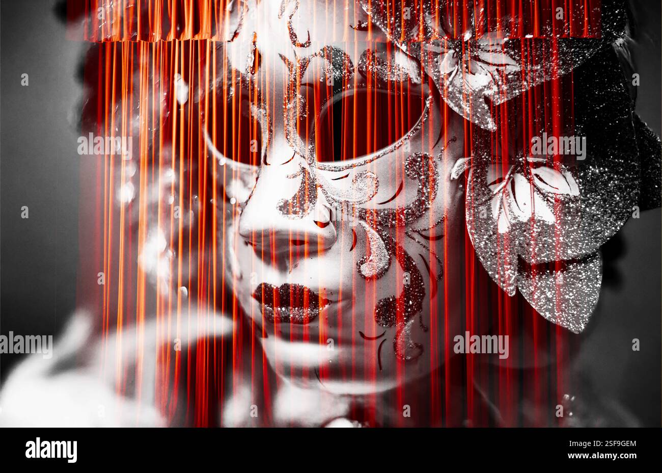 the mask announces the beginning of the show through the curtain Stock ...