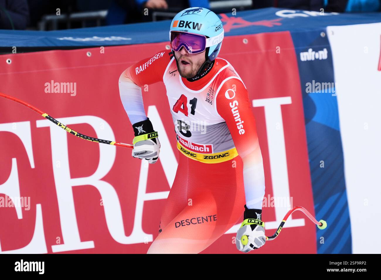 Switzerland's Alexis Monney celebrates at the finish area of a men's ...