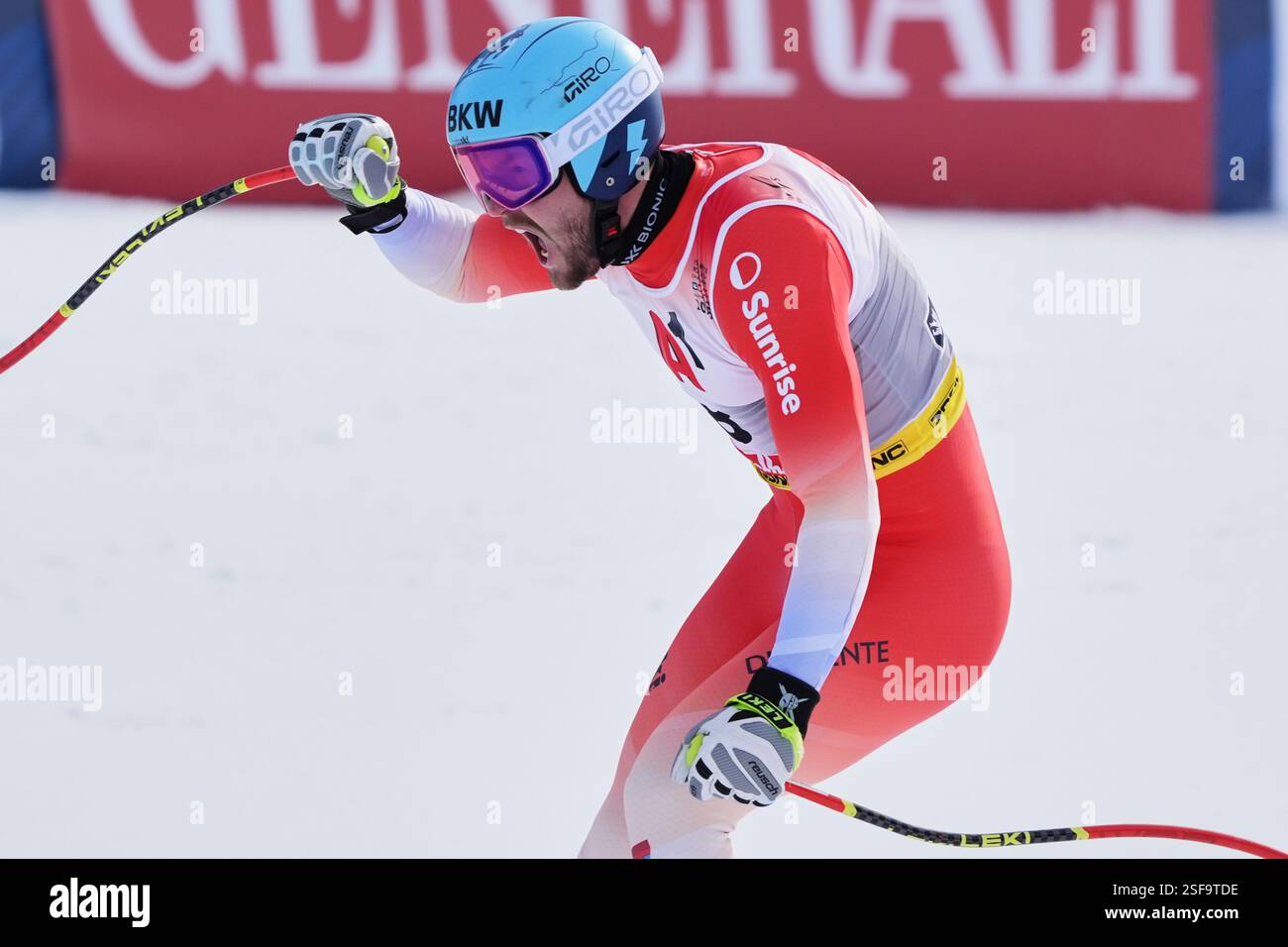 Switzerland's Alexis Monney celebrates at the finish area of a men's ...