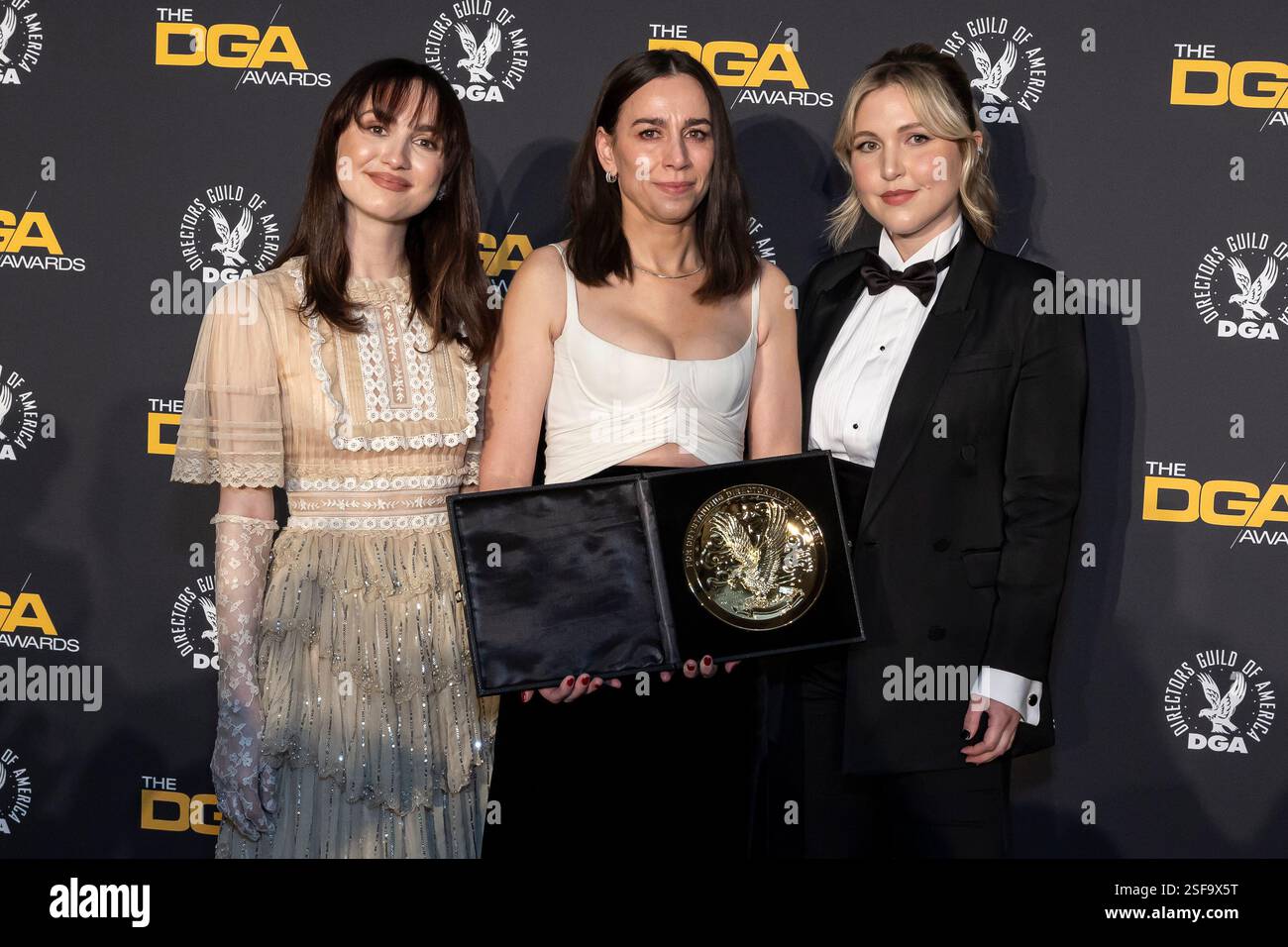 Beverly Hills, USA. 08th Feb, 2025. Maude Apatow, Lucia Aniello and Taylor Tomlinson pose in the ...