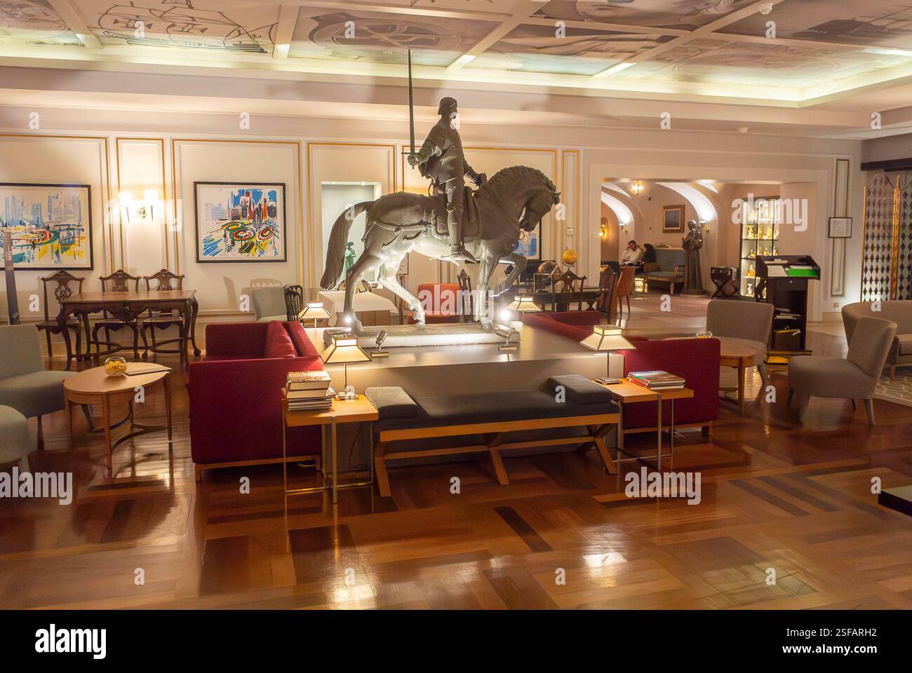 Lisbon, Portugal, Wide Angle View, Statue in Luxury Hotel Lobby, Local ...