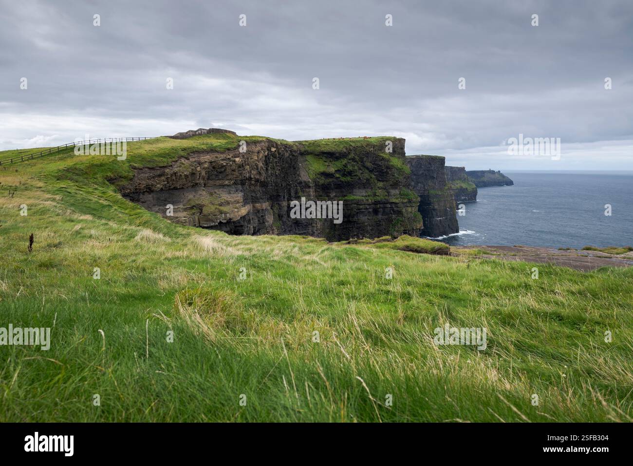 The Cliffs of Moher on Ireland’s west coast, with green grass leading ...