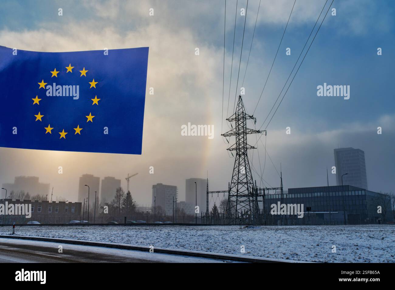 Europe in High Voltage Pole background. Energy concept, power, green ...