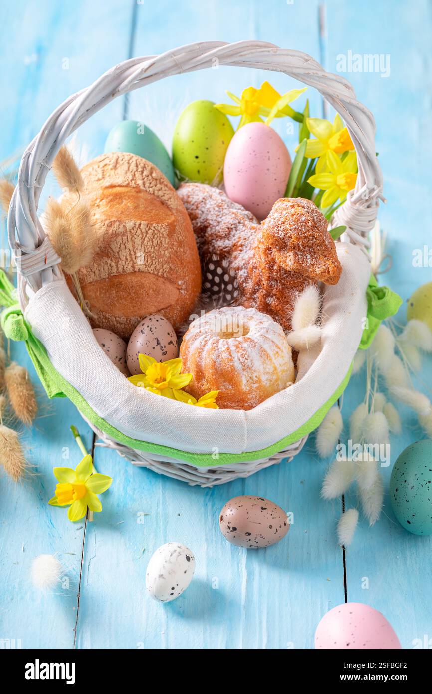 Traditional Easter basket as custom of blessing food. Easter food ...