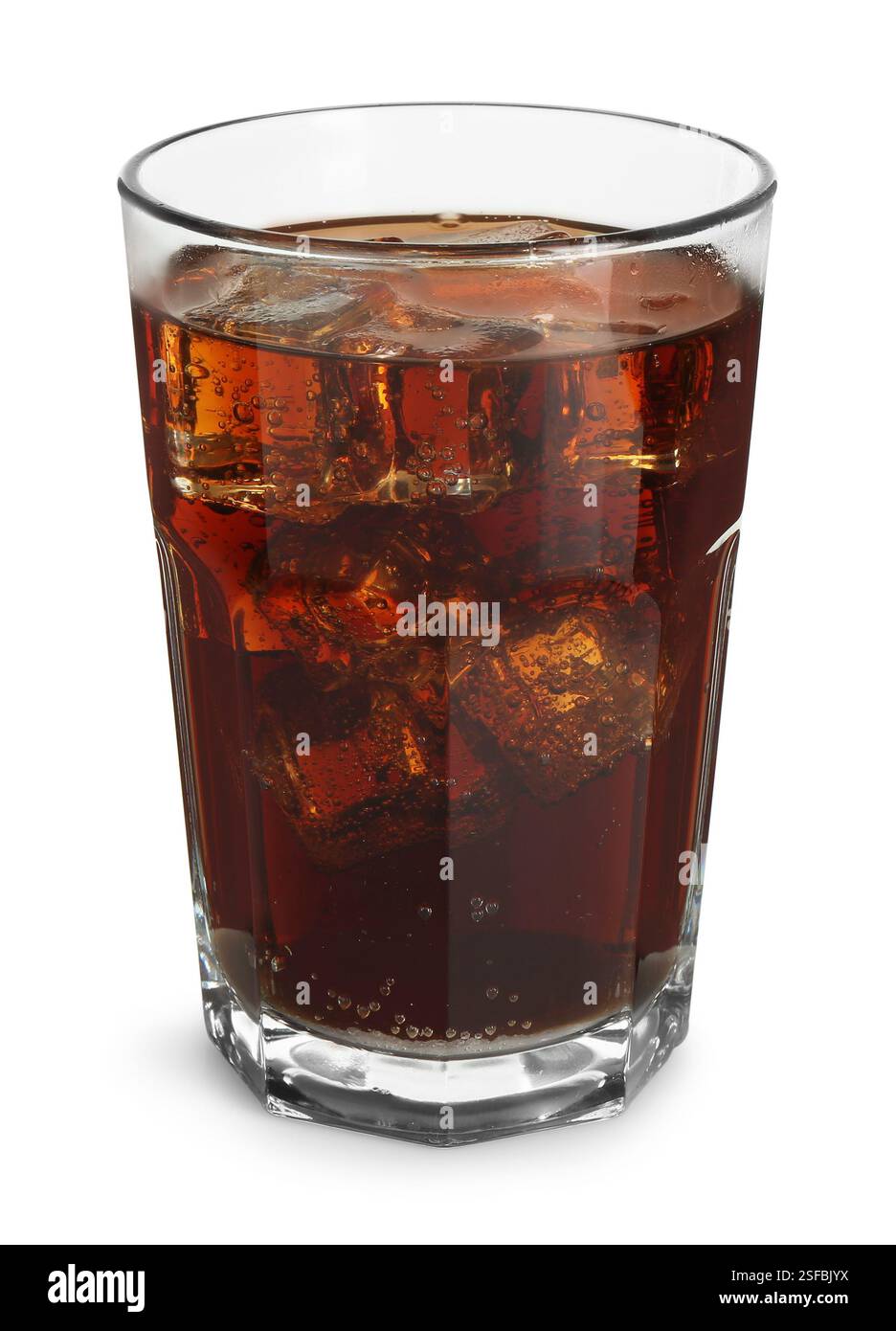 Glass of refreshing sweet soda water with ice cubes isolated on white ...