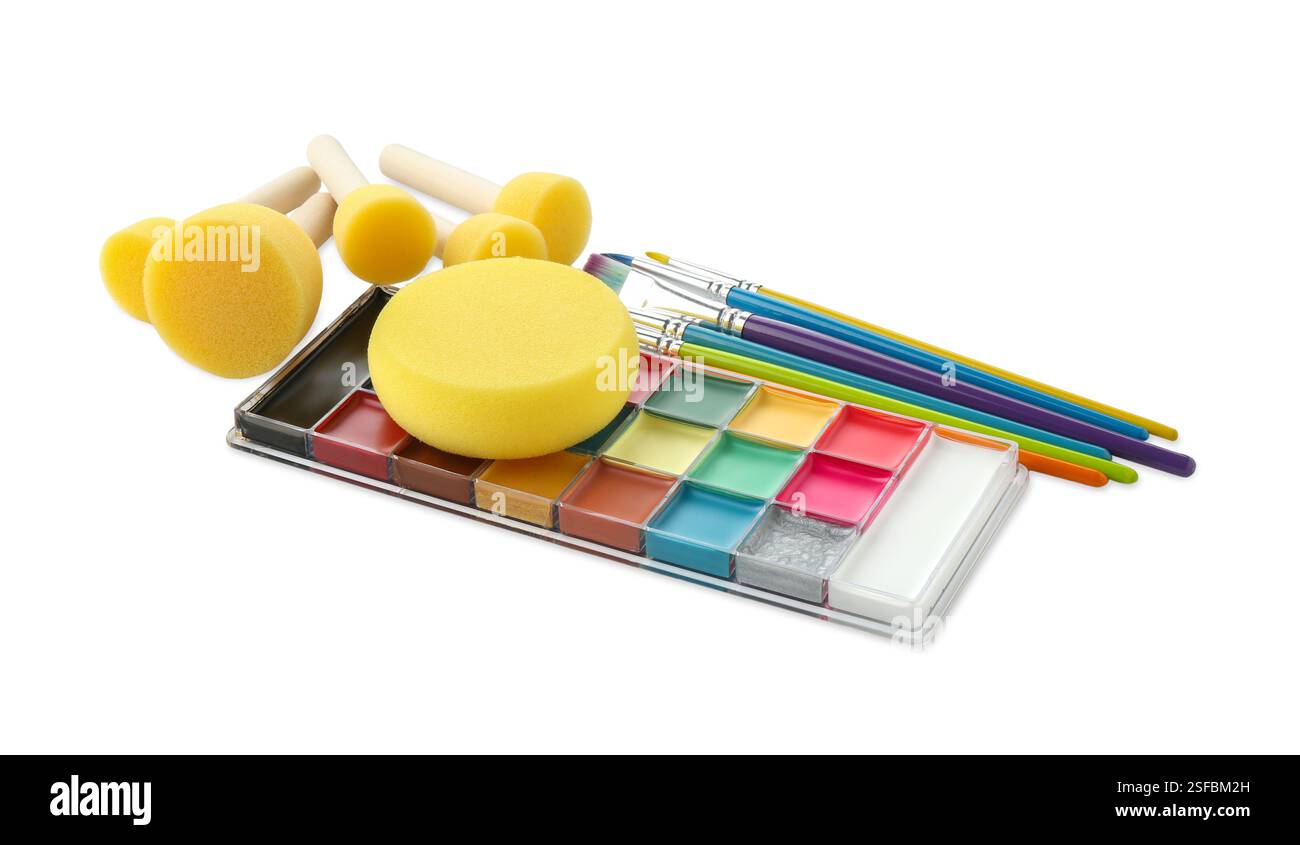 Bright face paint palette, brushes and sponges isolated on white Stock ...
