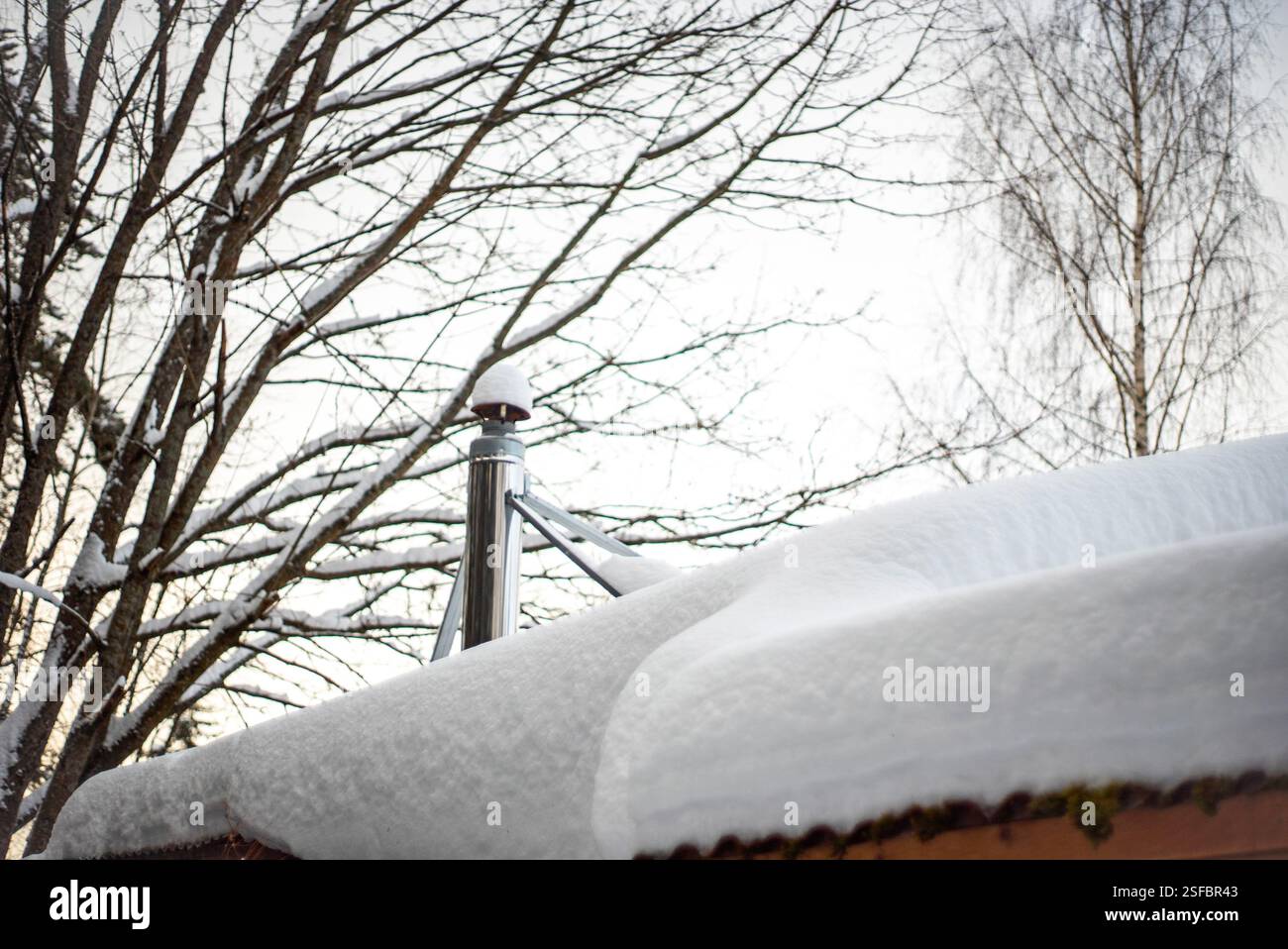 new stainless steel chimney on the rooftop under snow, no people Stock ...