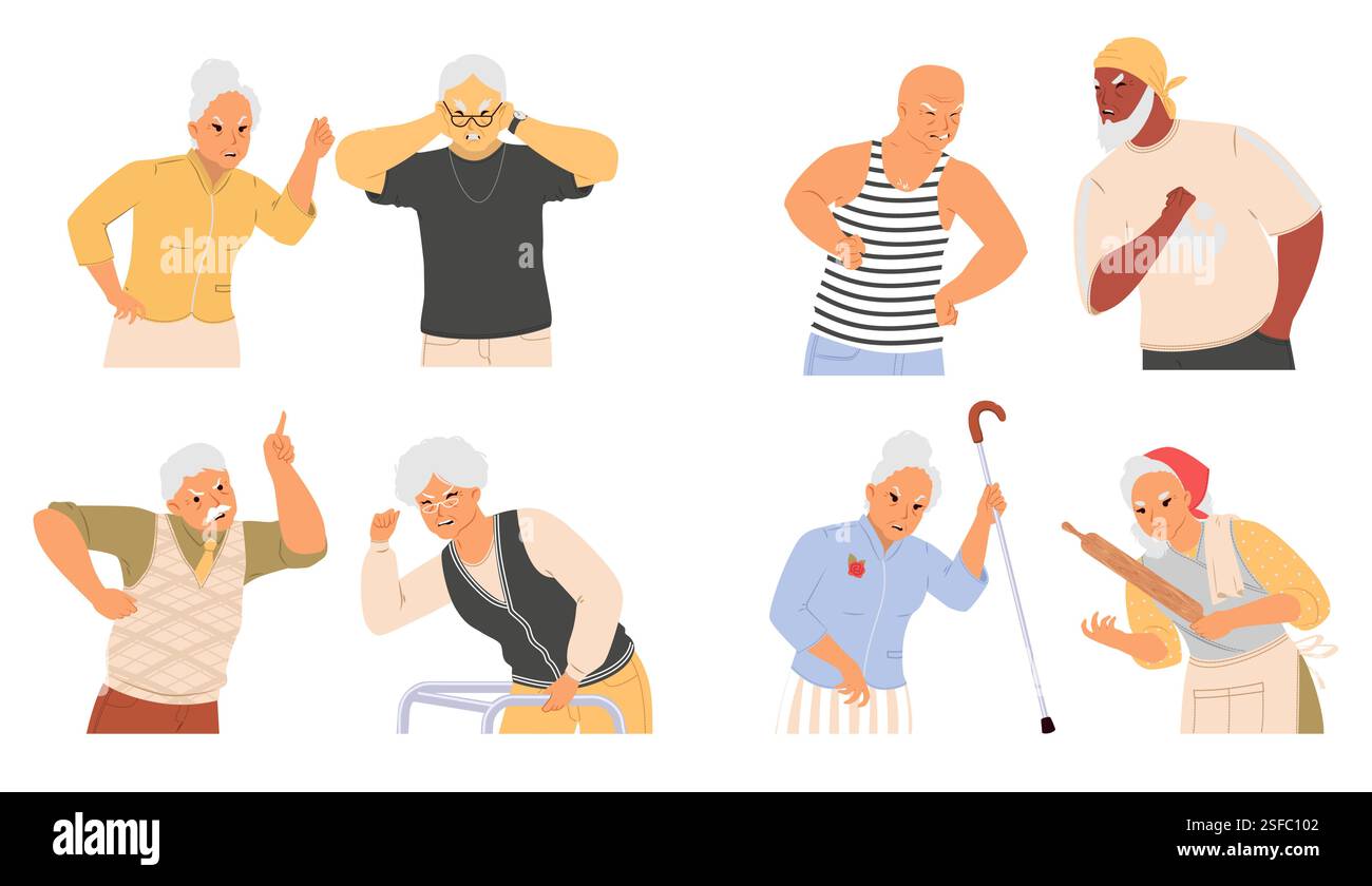 Two groups of older men display exaggerated emotions and gestures ...