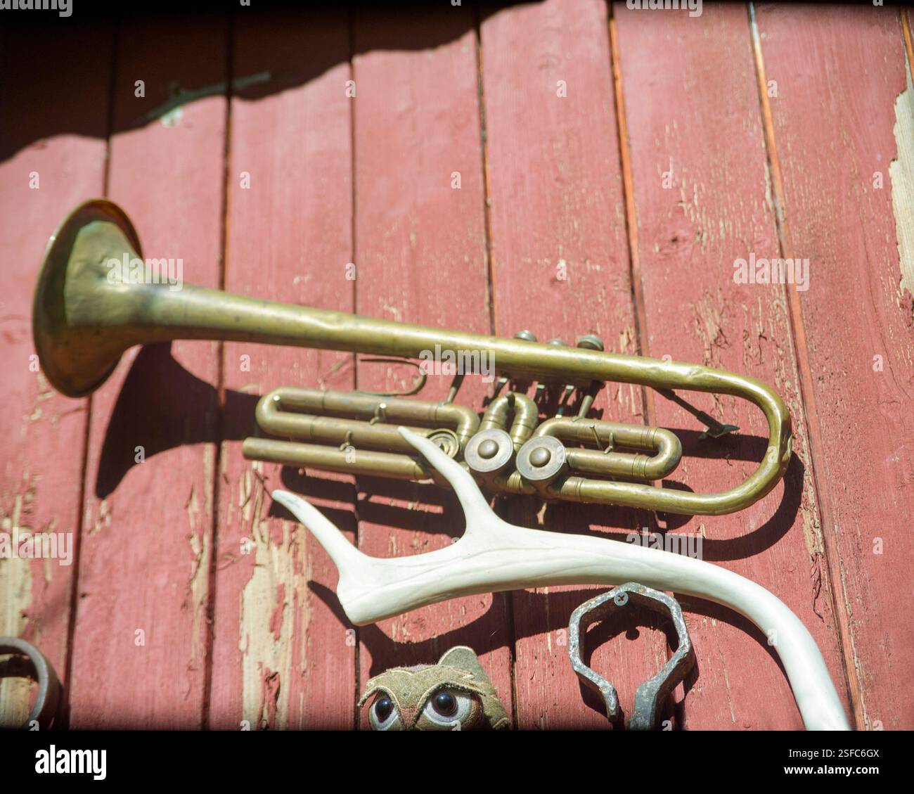 musical horn and deer horns hanging outside the wooden house Stock ...