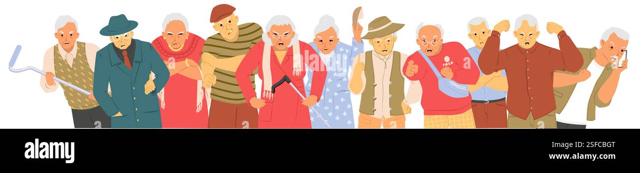 A group of frustrated elderly men stand together, openly displaying ...