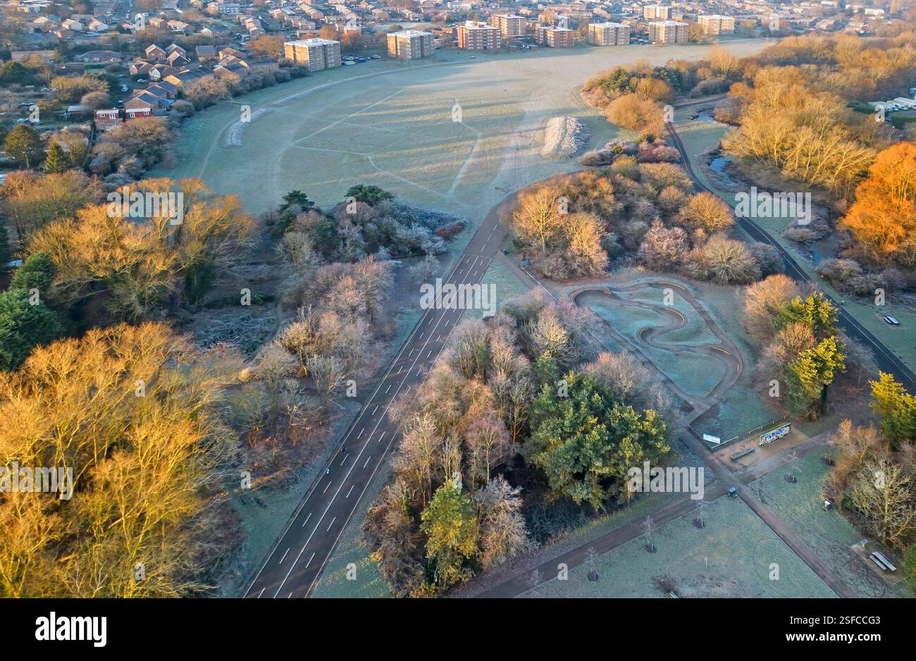aerial view of victoria park and watercress fields. It is new park with ...