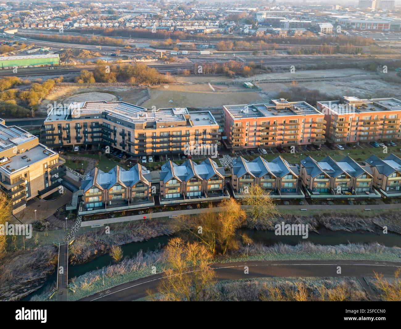 aerial view of victoria park and watercress fields. It is new park with ...