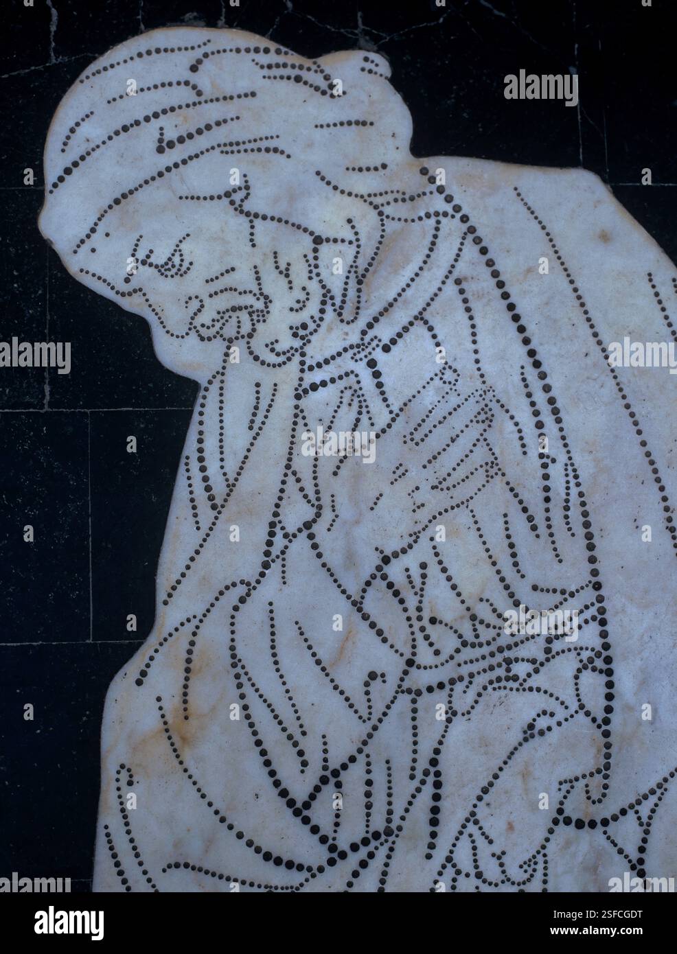 Genuflecting man in detail of inlaid marble pavement outside the ...