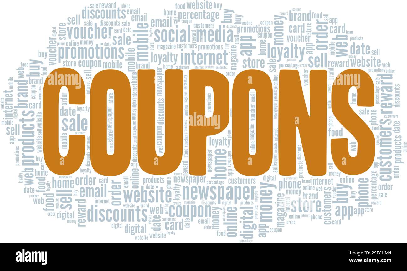 Coupons word cloud conceptual design isolated on white background Stock ...