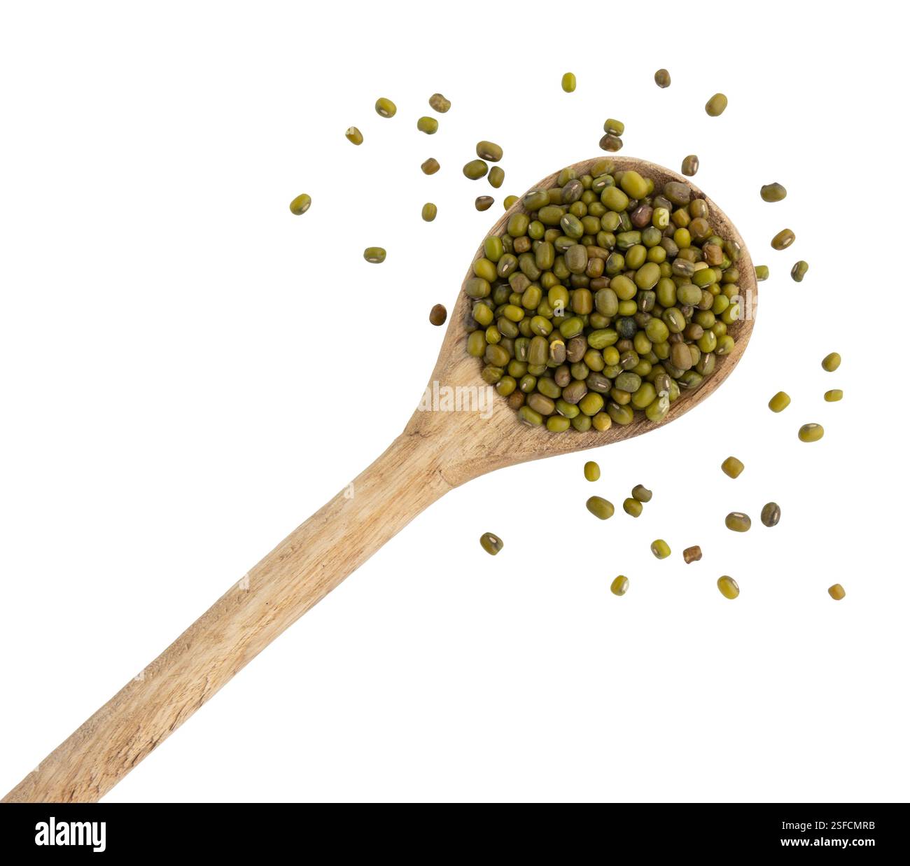 wooden spoon with raw green mung bean isolated on white background with ...