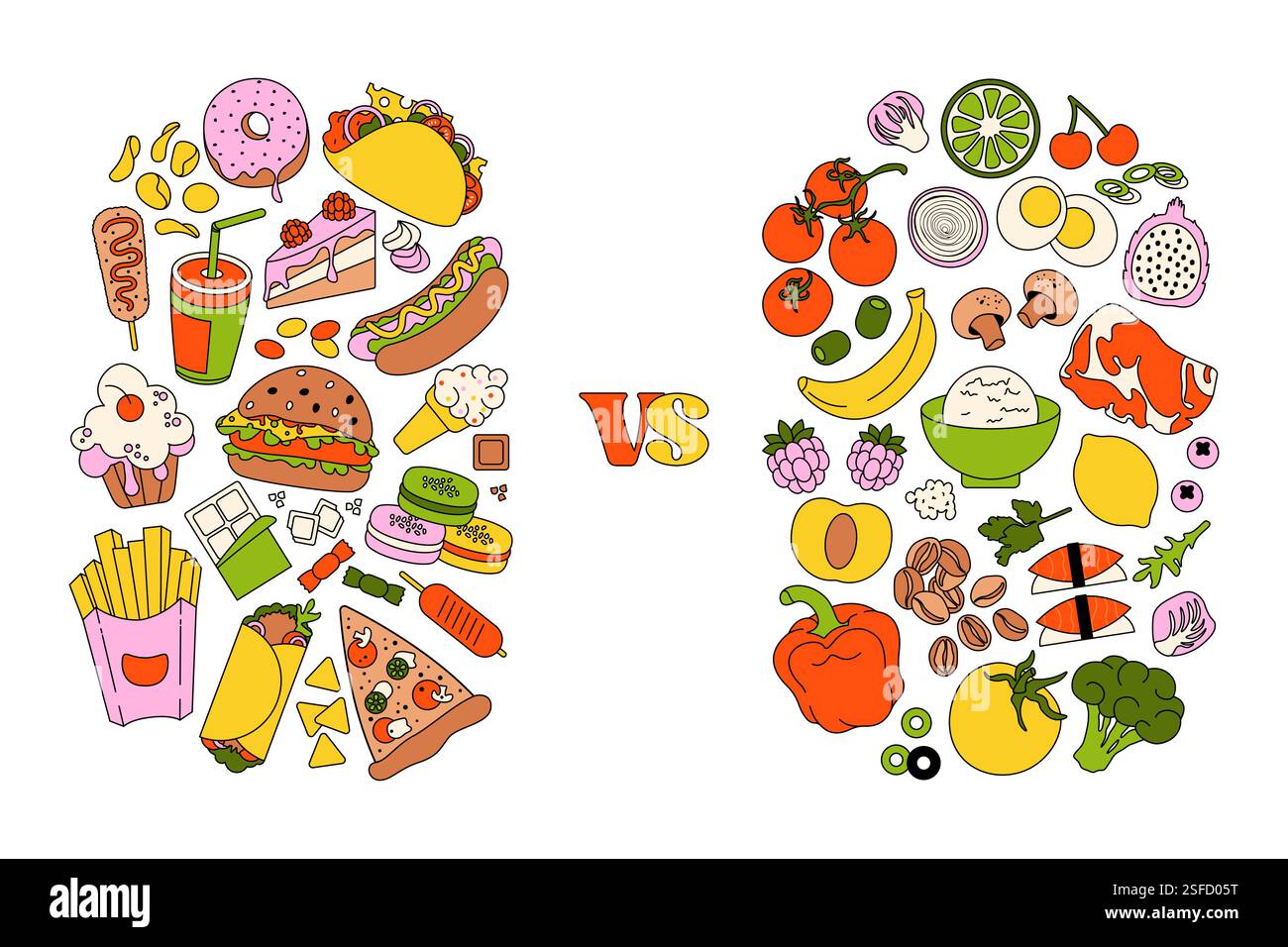 Healthy vs unhealthy food. Fastfood and sweet snacks versus balanced meal with fruits and ...