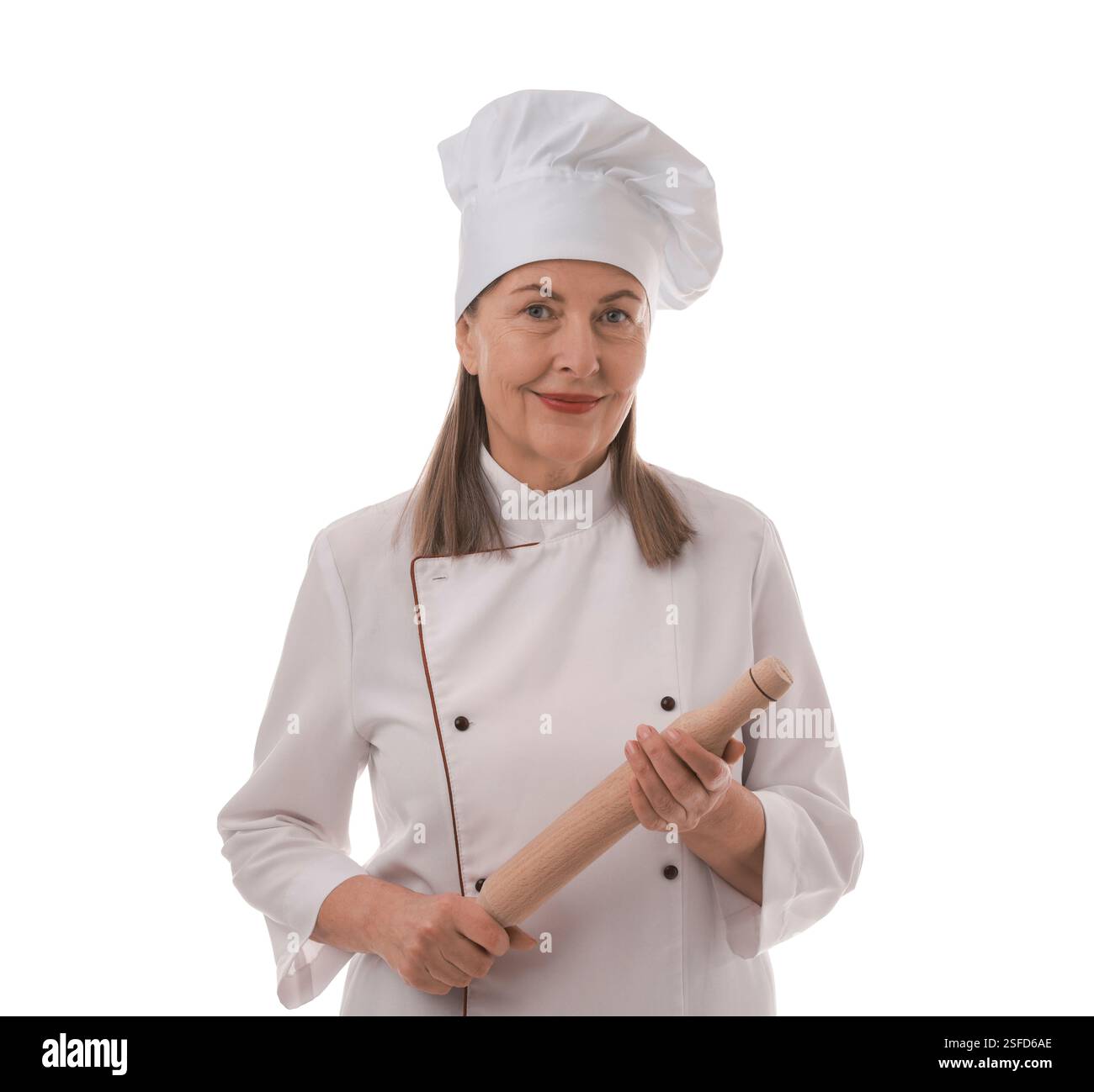 Chef with rolling pin on white background Stock Photo - Alamy