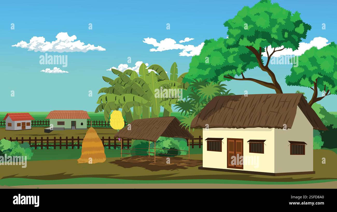 Asian rural village house yard with hey pile, cowshed, bushes, fench ...