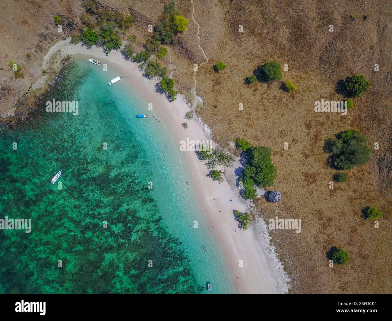 Aerial view of boats sailing by Pink Beach (Pantai Merah), Komodo ...