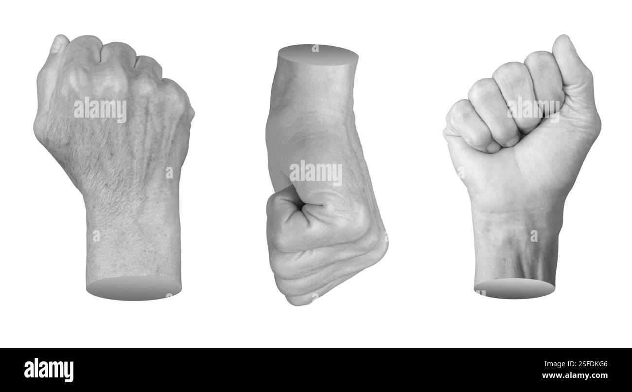 Elderly female hand with wrinkled skin clenched into a fist ...