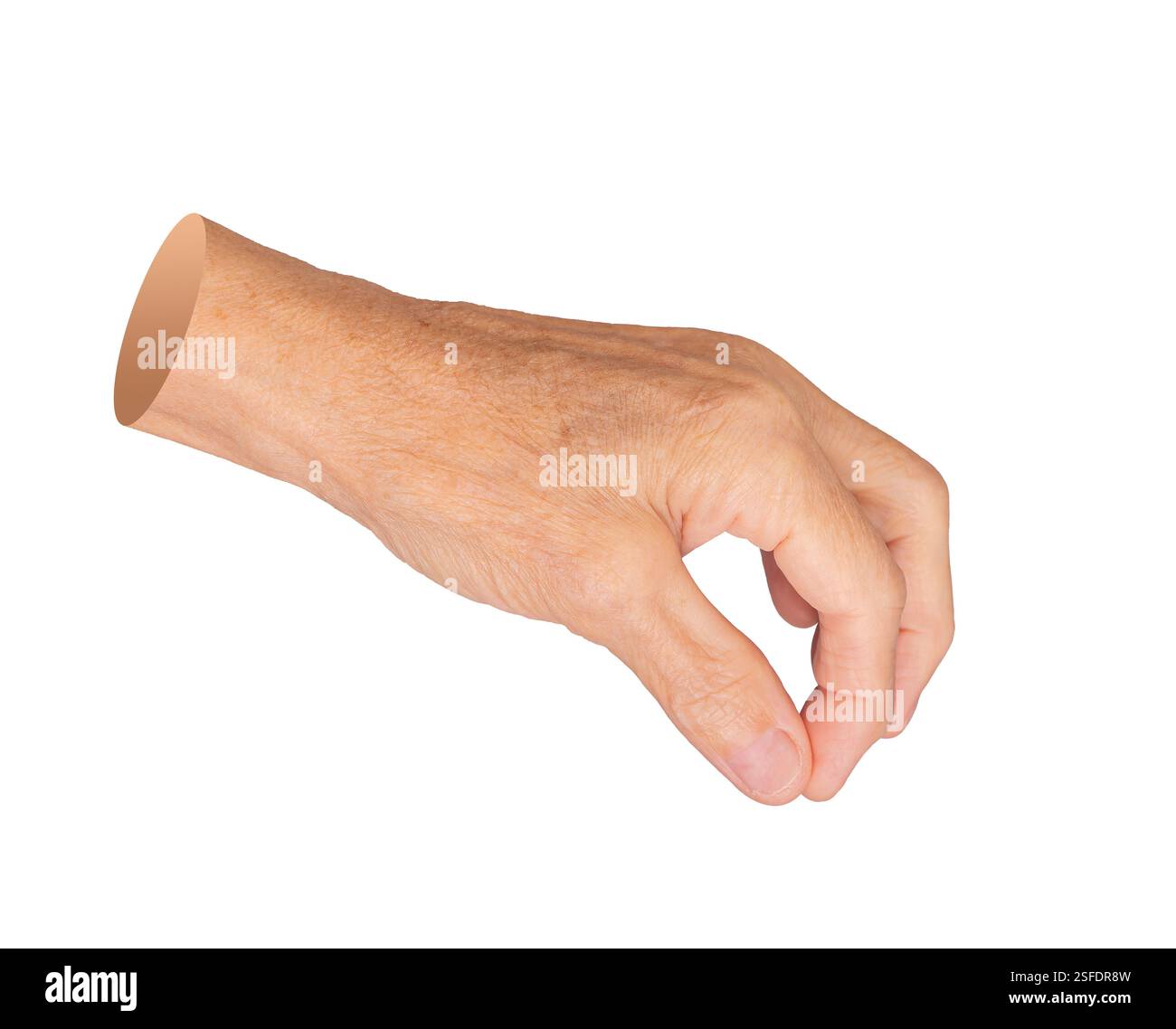Elderly hand with wrinkled skin making a pinch gesture, thumb and ...