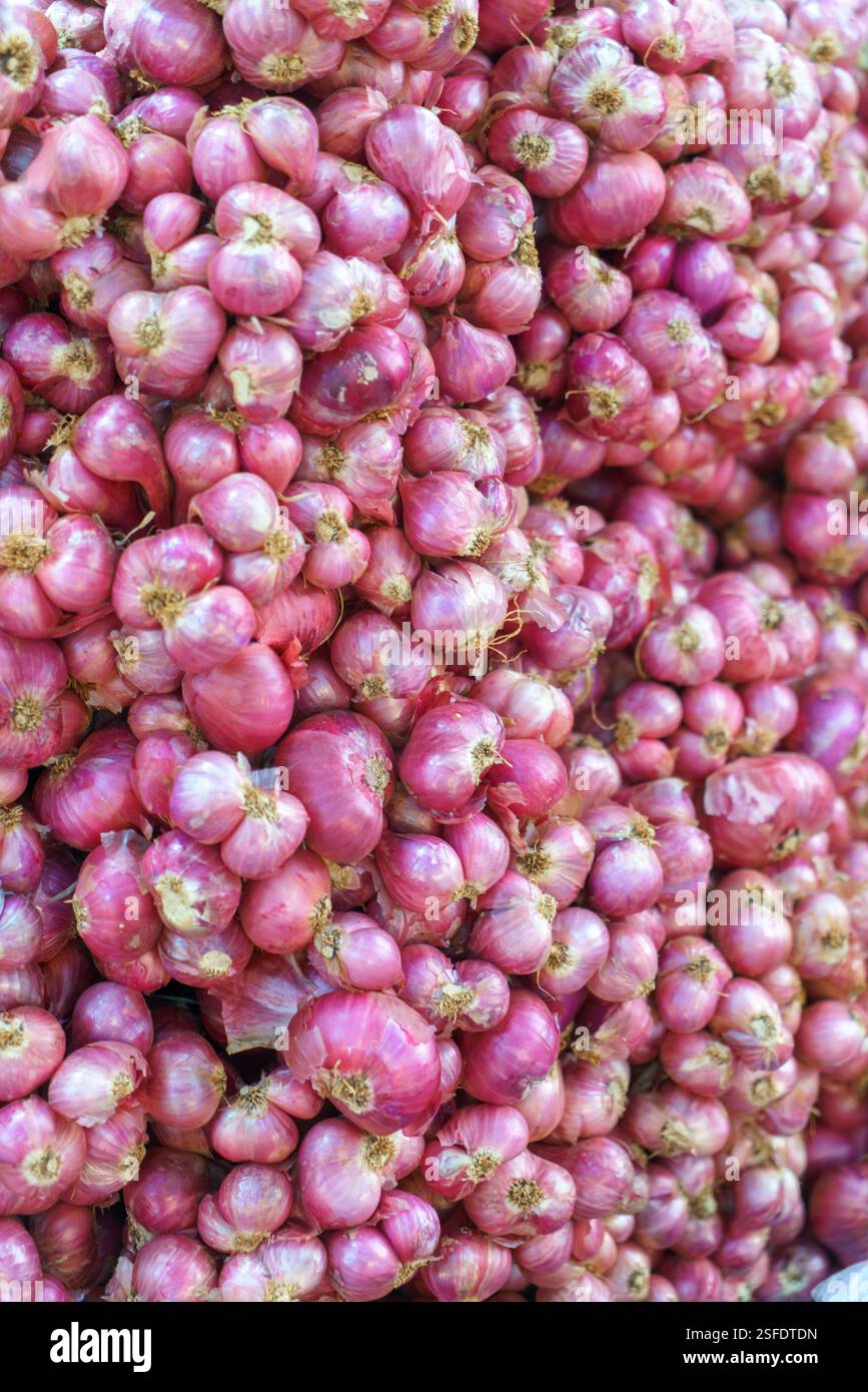 close-up image of fresh red shallots stacked in a large pile. The ...