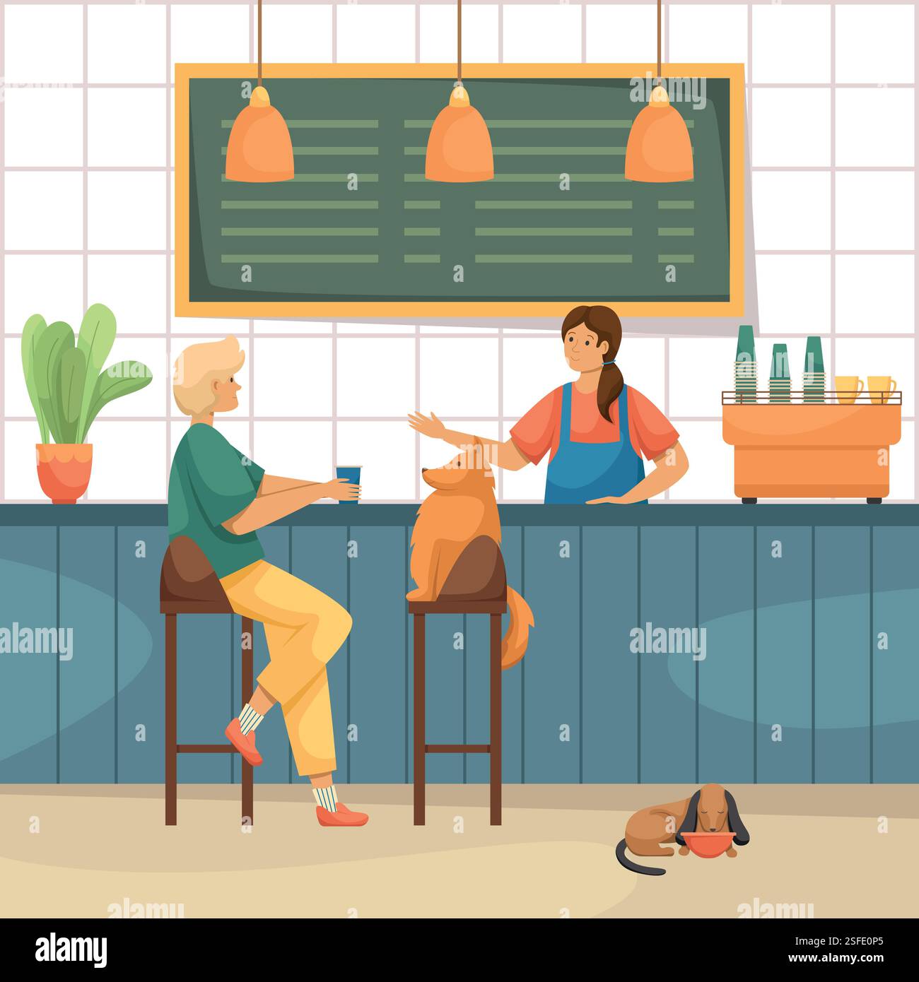 Vector image of a dog friendly cafe. The bartender is talking to a ...