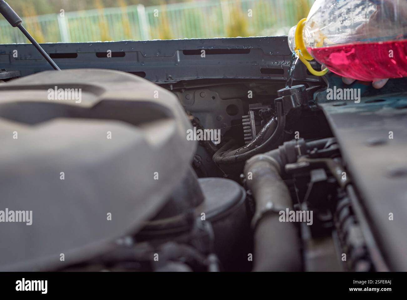 a hand pouring antifreeze into a car radiator, outdoor shot, no people ...