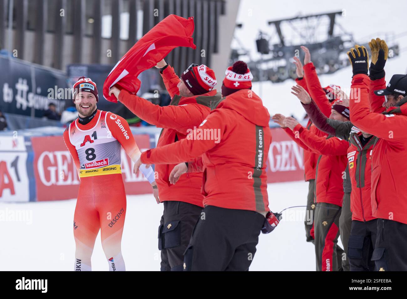 SAALBACH, AUSTRIA - FEBRUARY 9: Alexis Monney of Switzerland celebrates ...