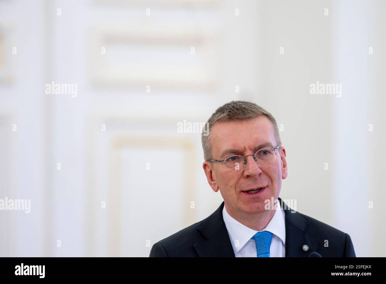Latvian President Edgars Rinkevics gives a statement at the ...