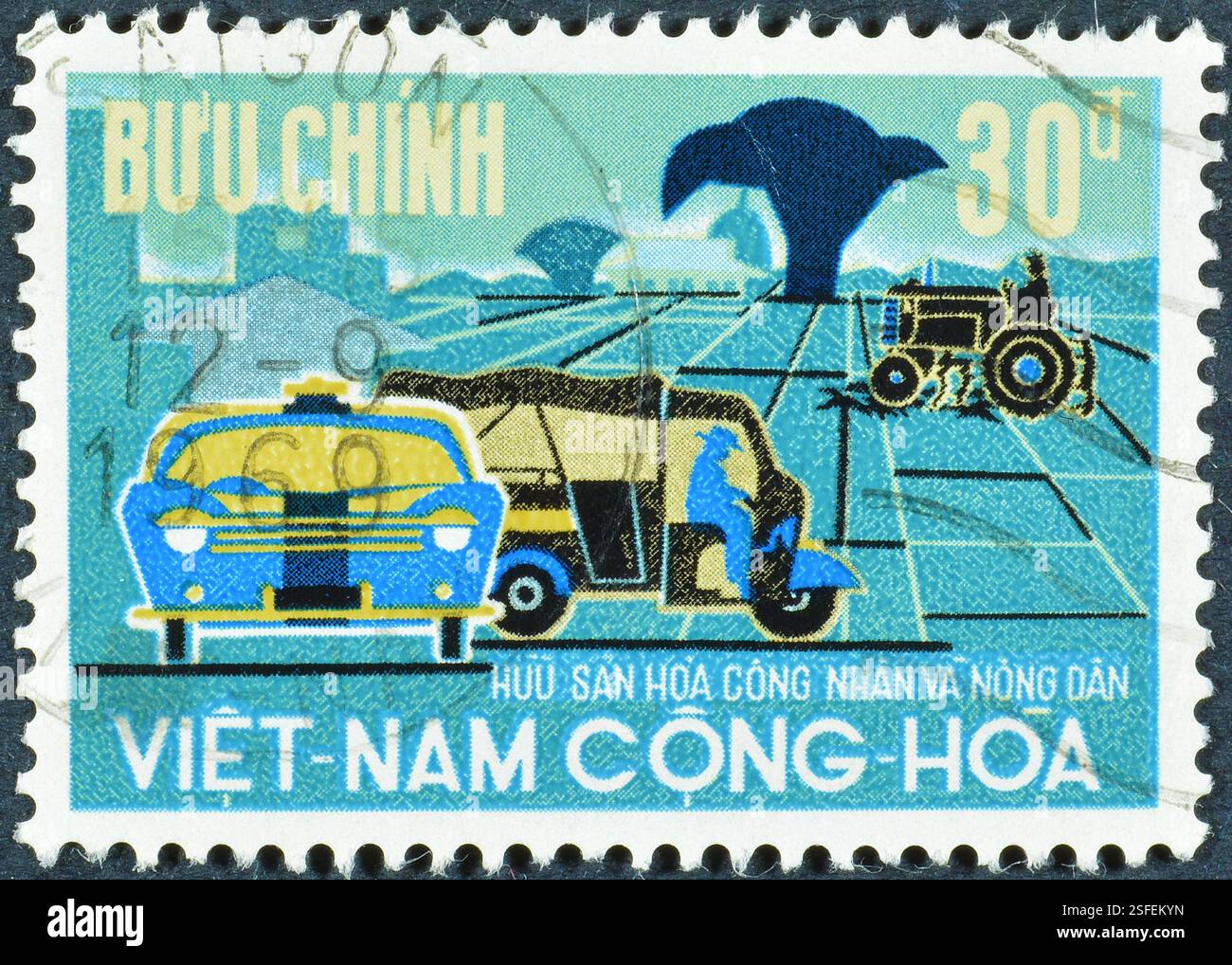 Cancelled postage stamp printed by South Vietnam, that shows Vehicles ...