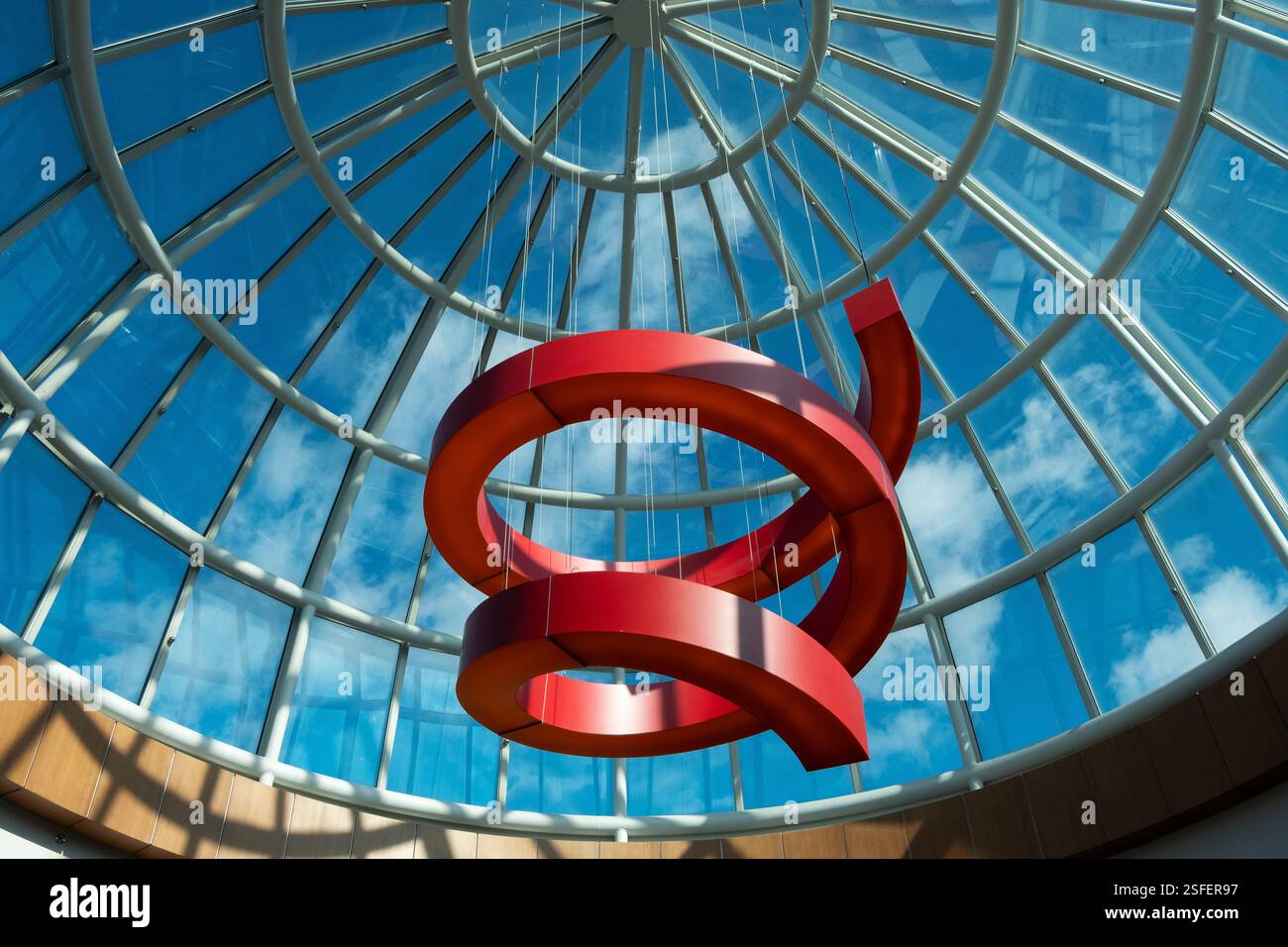 A red curved squiggle sculpture hanging from a dome in the Roosevelt ...