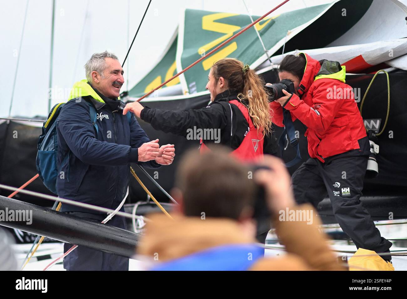 French skipper Violette Dorange celebrates on her Imoca monohull ...