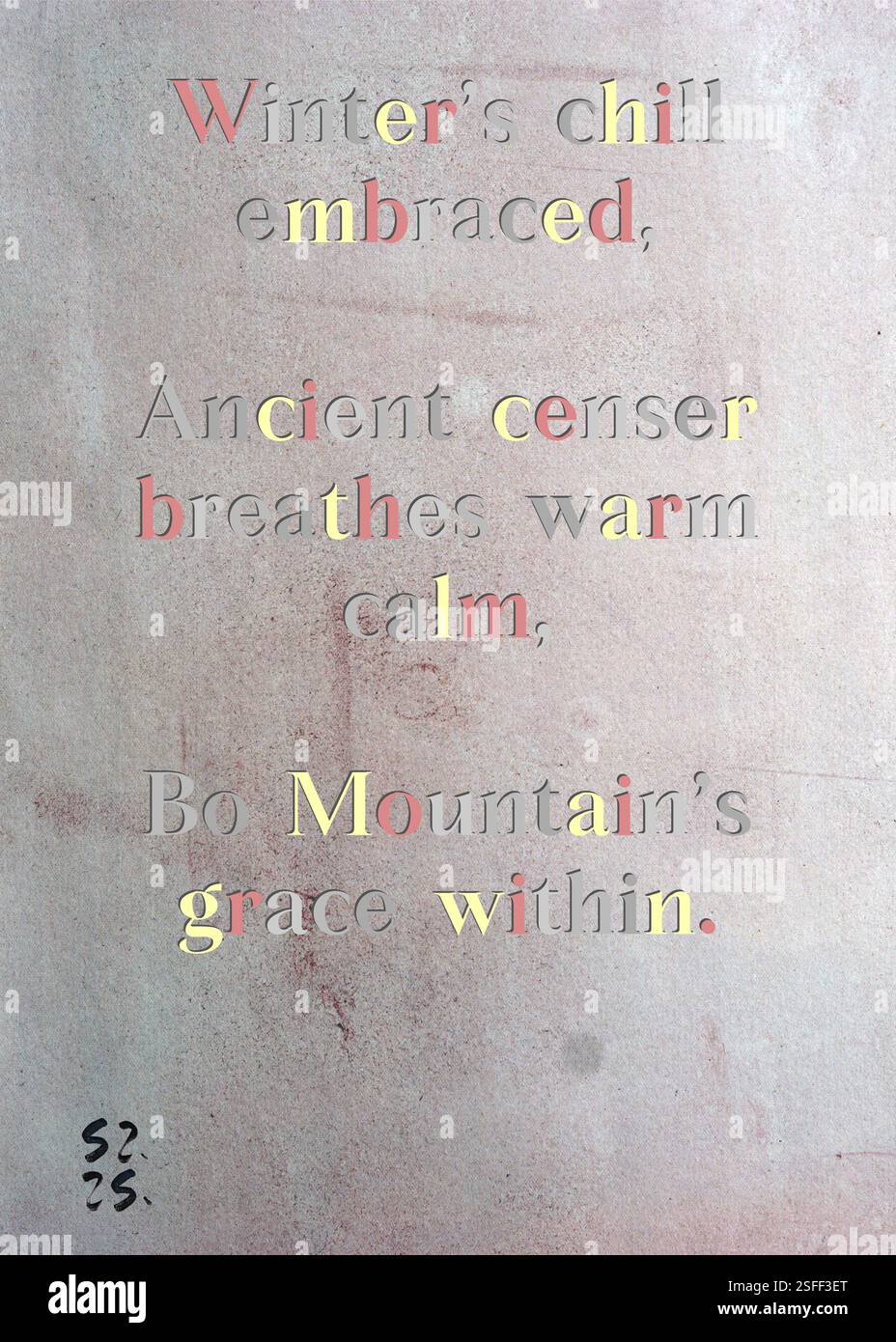 Winter's chill embraced, Ancient censer breathes warm calm, Bo Mountain ...