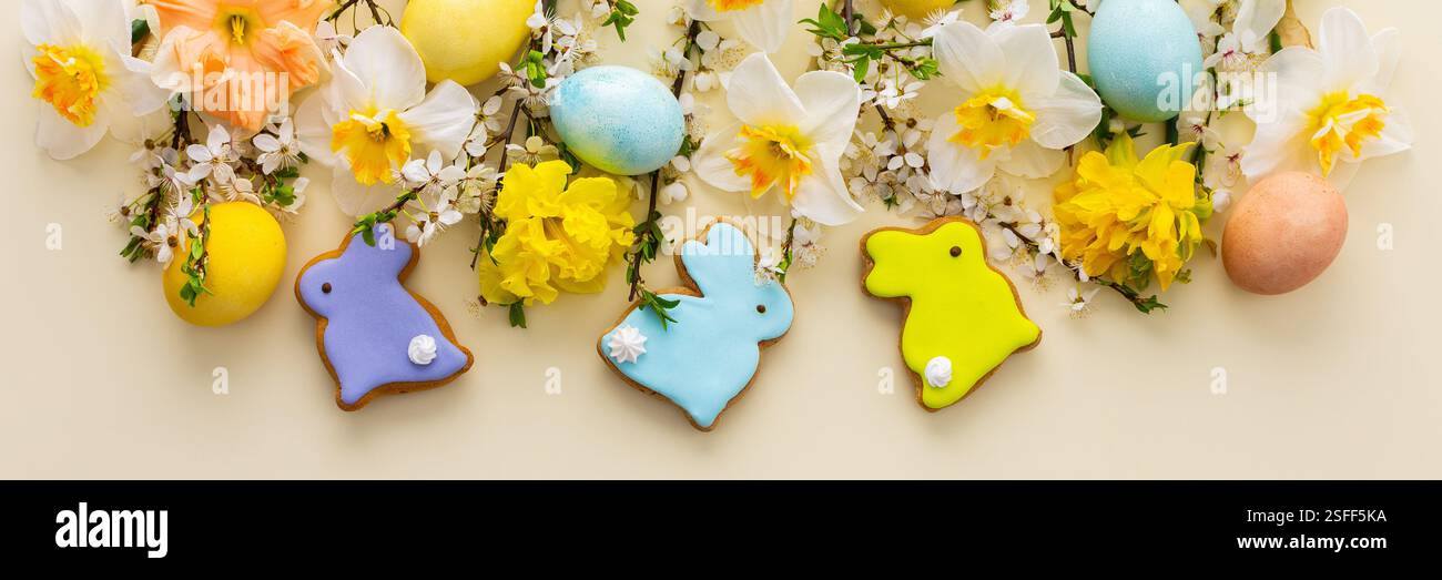 Festive banner with spring flowers and naturally colored eggs and ...