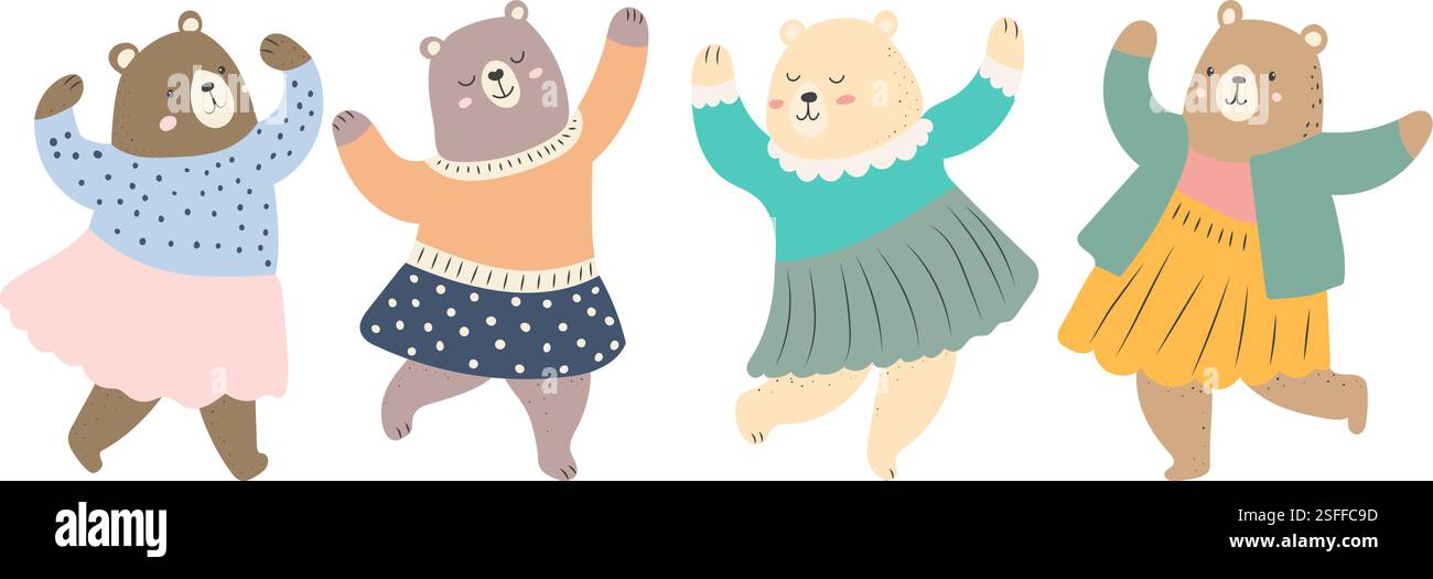 set of dancing bears characters in doodle style isolated vector Stock ...