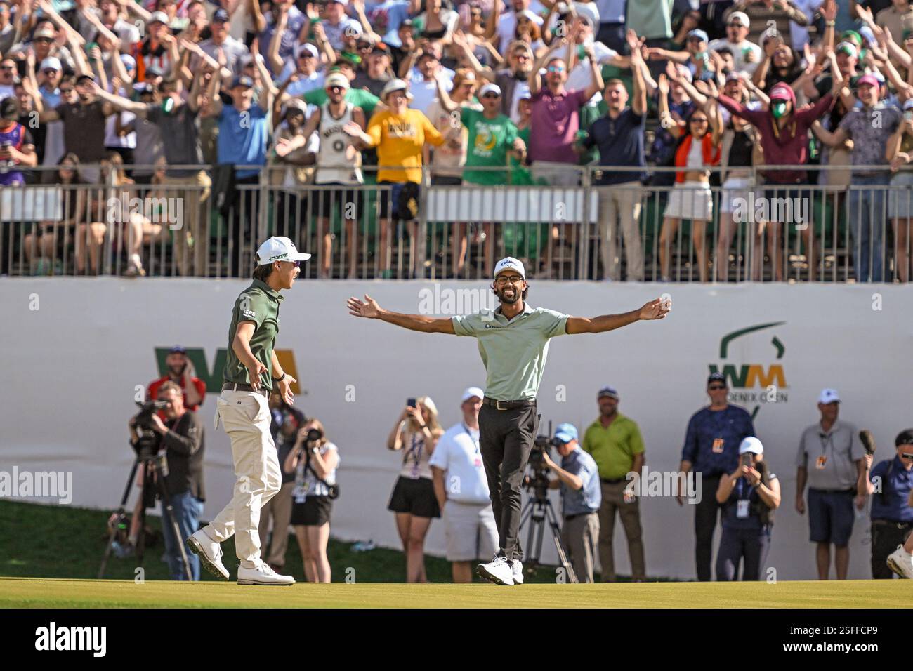 Akshay Bhatia fires up the crowd on the 16th green during the WM ...