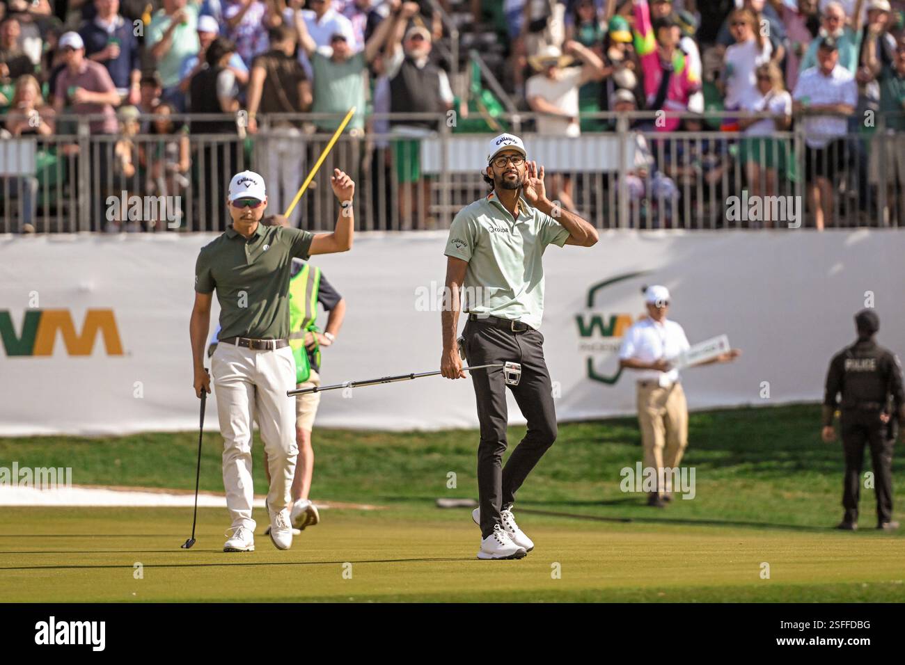 Akshay Bhatia fires up the crowd on the 16th green during the WM ...